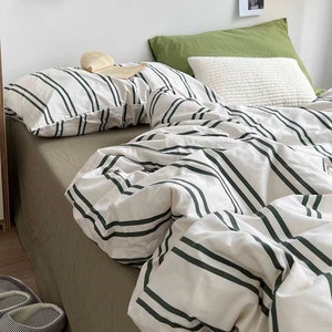 Green Stripes Duvet Cover Set Aesthetic Bedding Set Morandi - Etsy