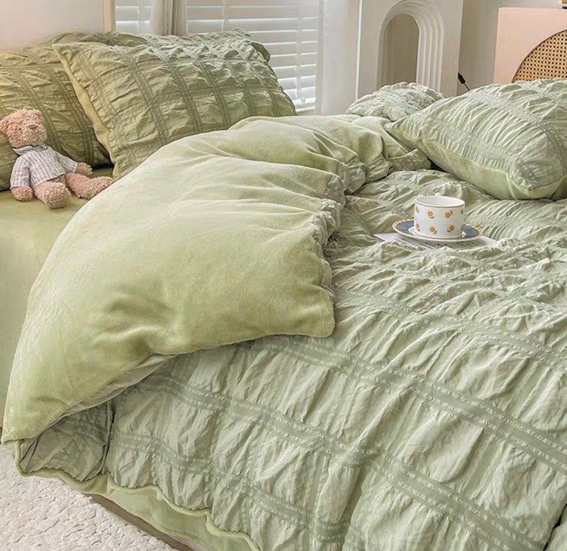 Green Ruffled Velvet Duvet Cover Set Morandi Boho Bedding Set Etsy