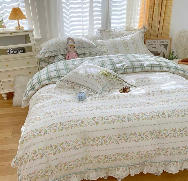 Light Green Checkers Ruffles Floral Duvet Cover Set Fresh - Etsy