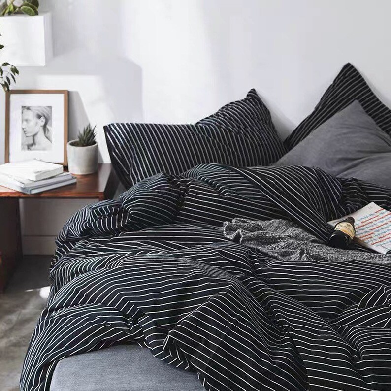 Black Duvet Cover Set Stripes Bedding Set Minimalist Duvet | Etsy