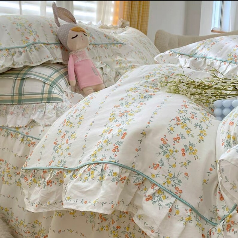 Light Green Checkers Ruffles Floral Duvet Cover Set Fresh - Etsy