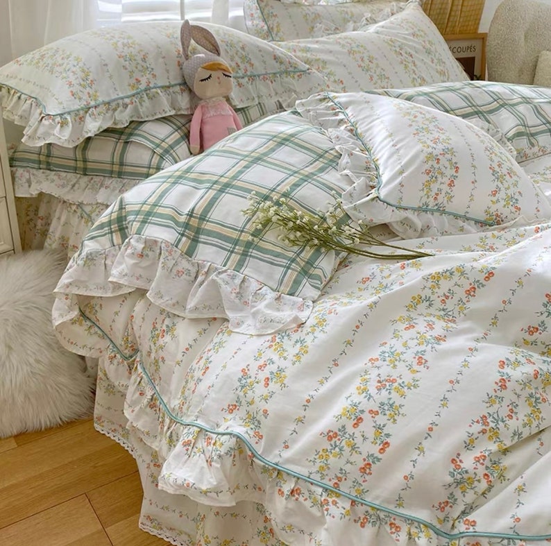 Light Green Checkers Ruffles Floral Duvet Cover Set Fresh - Etsy