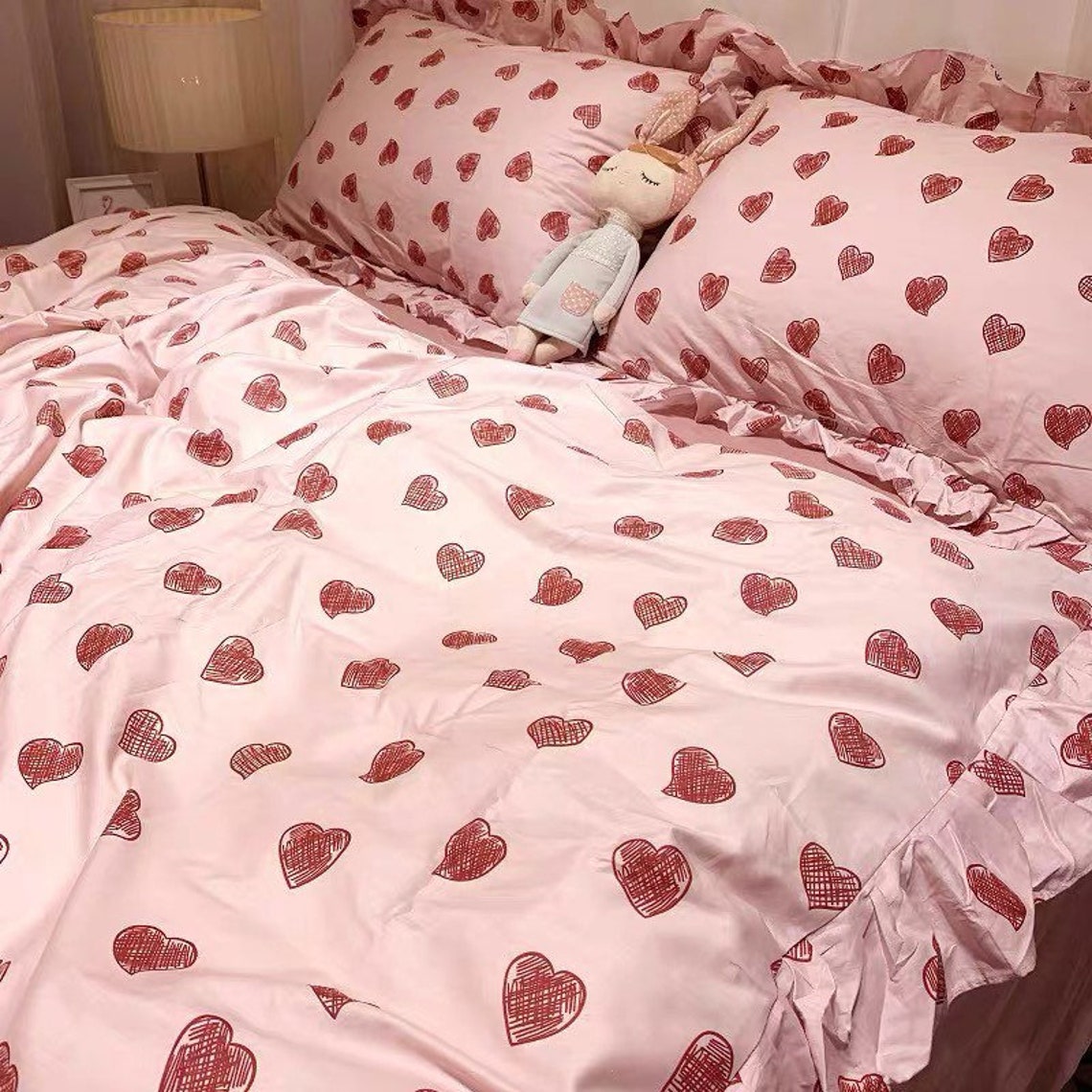 Love Hearts Cotton Bedding Set Cotton Duvet Cover Set | Etsy