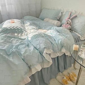 Cotton Duvet Cover Blue Ruffle Set Girlish Bedding Set Dorm Bedding ...