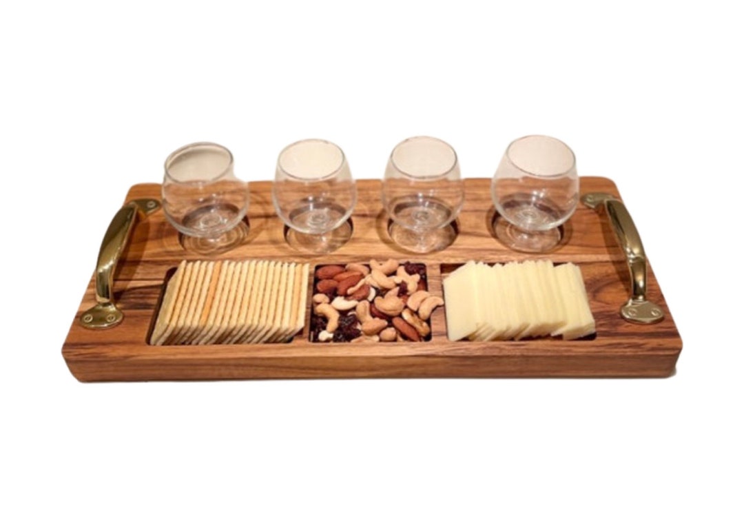 Brandy Glass Teakwood Tasting Flight Serving Snack Tray With Handles ...
