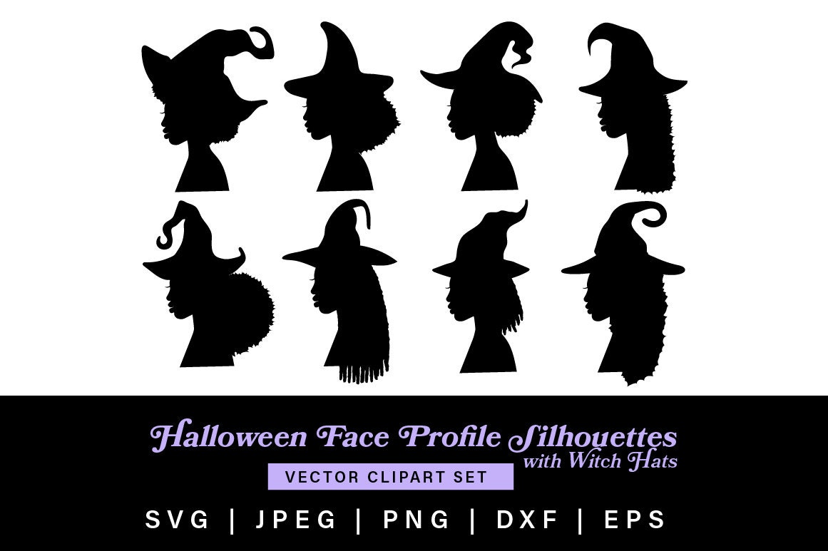 Afro Woman Halloween Head Silhouettes With Witch Hats, Witchy Halloween ...