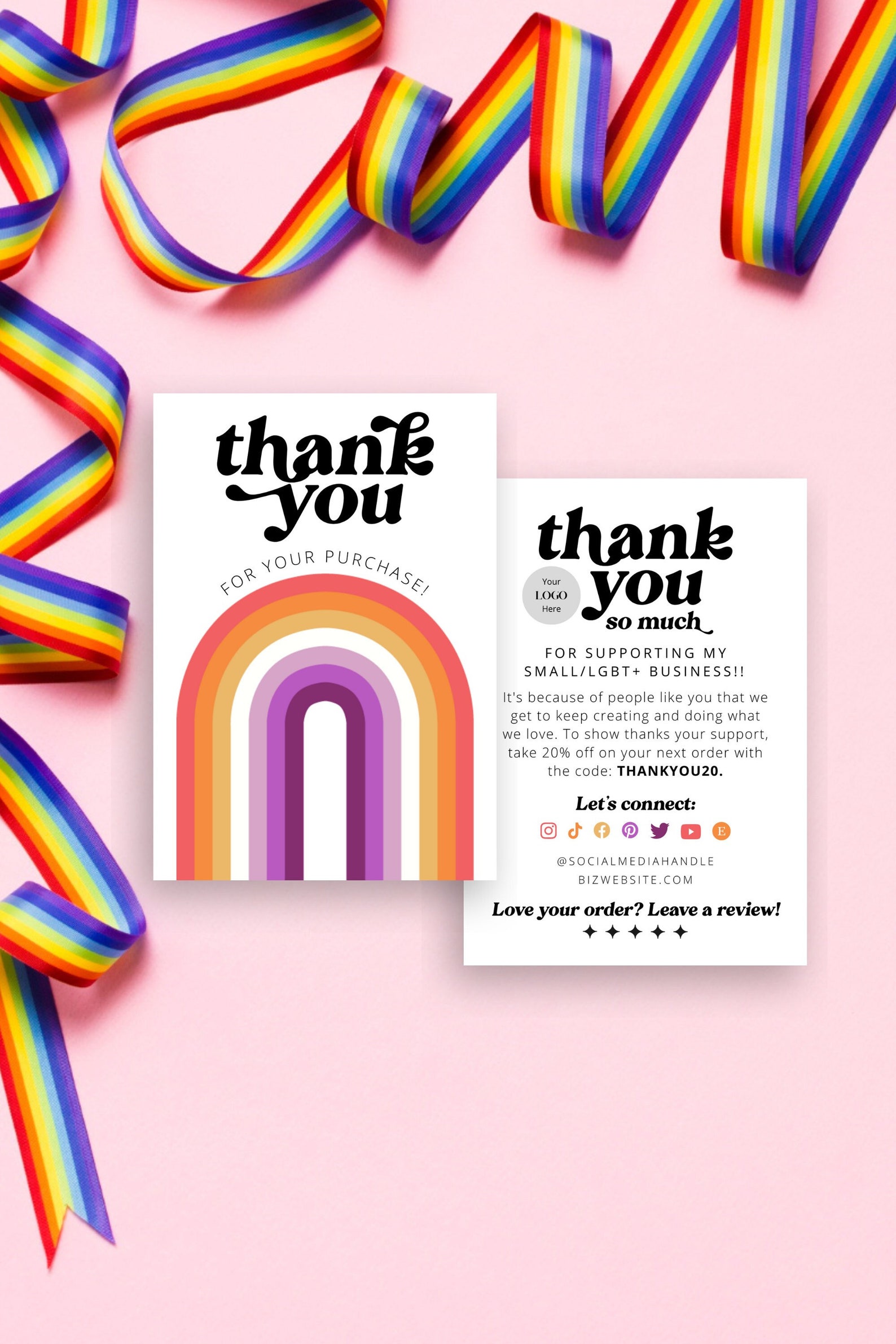 Wlw Lgbt Small Business Thank You Card Template With Retro Rainbow ...