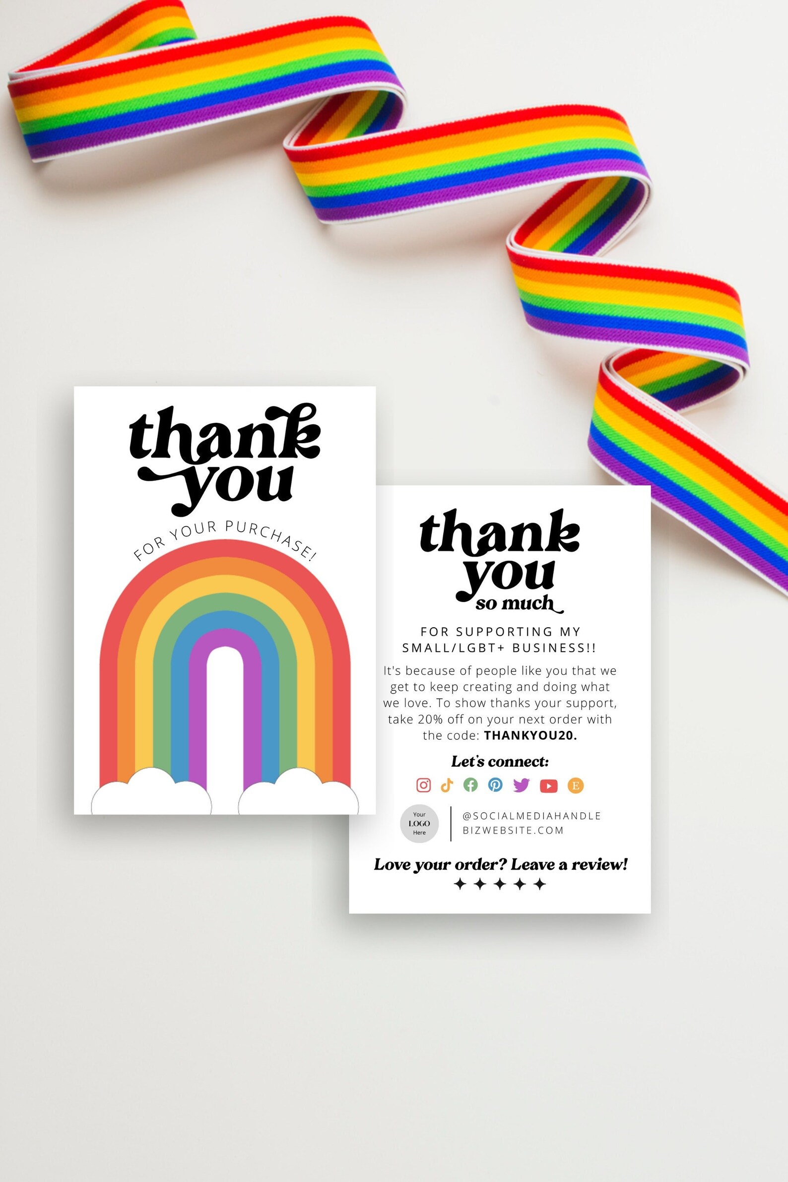 Cloud Rainbow Thank You Card Canva, Pride Small Business Thank You Card ...