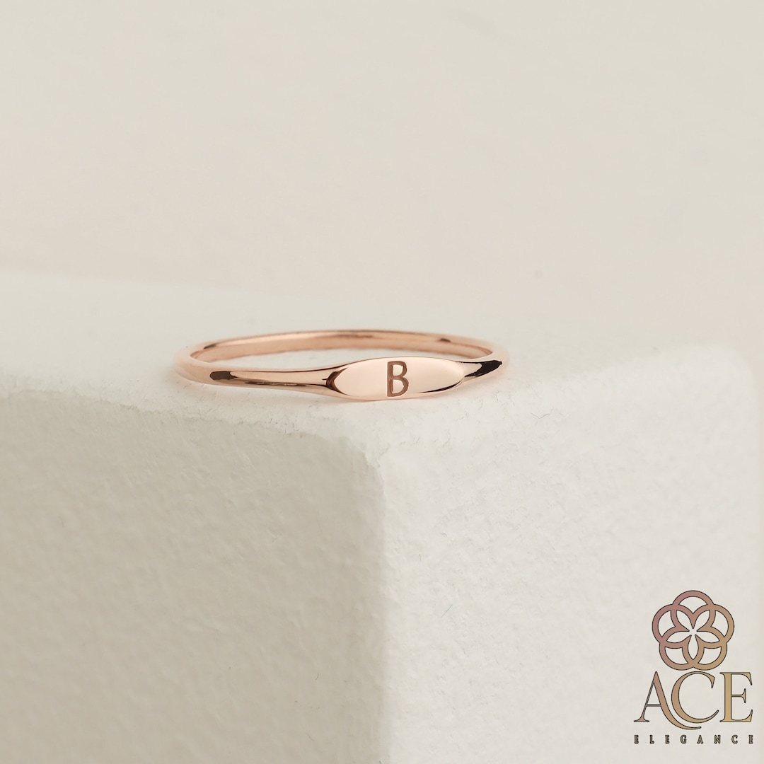 14k Solid Gold Tiny Signet Ring: Custom Initial Stacking Ring - Etsy
