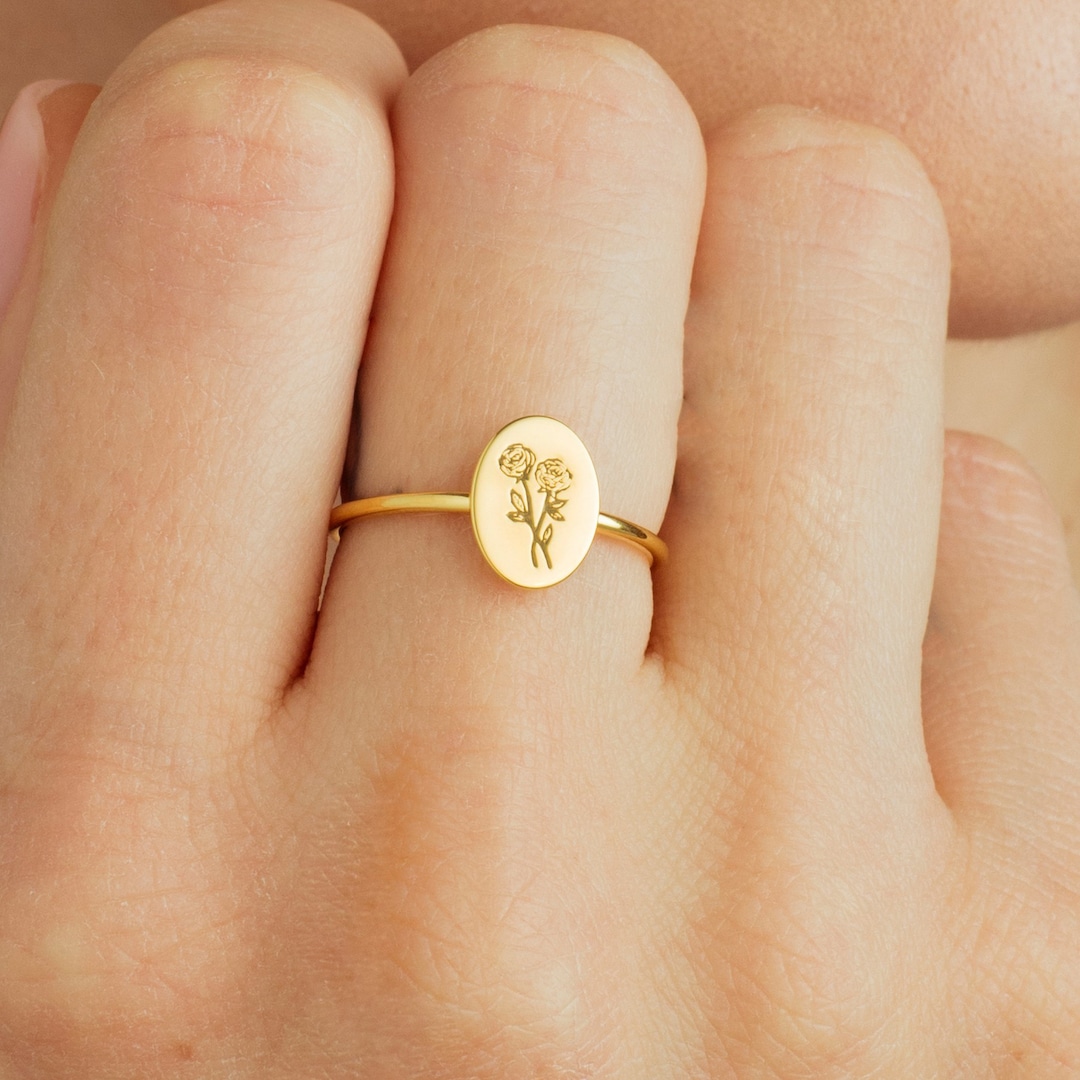 Sterling Silver Birth Flower Ring: Floral Signet Ring - Etsy
