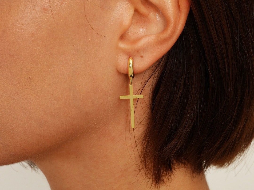 14k Gold Cross Dangle Earrings: Religious Jewelry Gift - Etsy