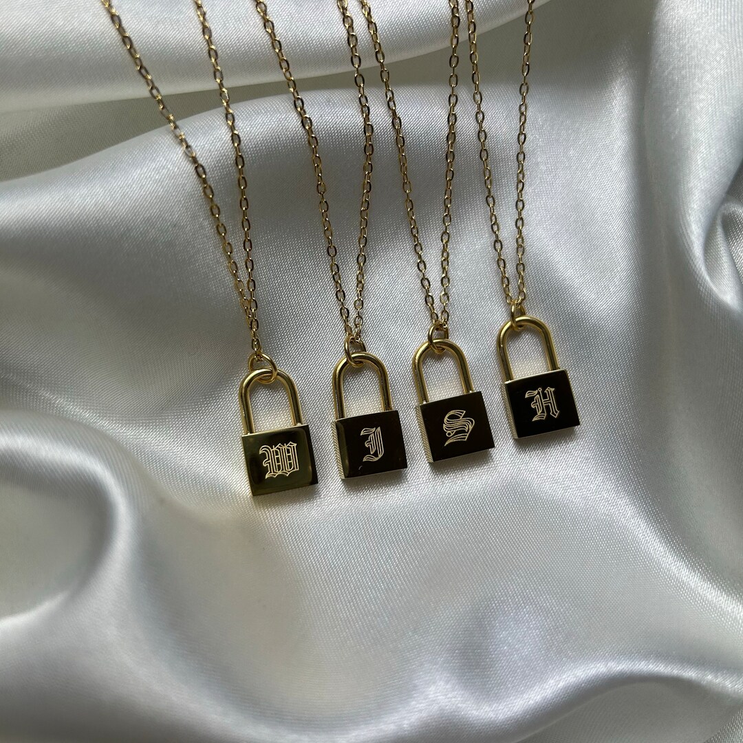 Padlock Old English Alphabet Initial Letter 18K Gold Plated Necklace ...