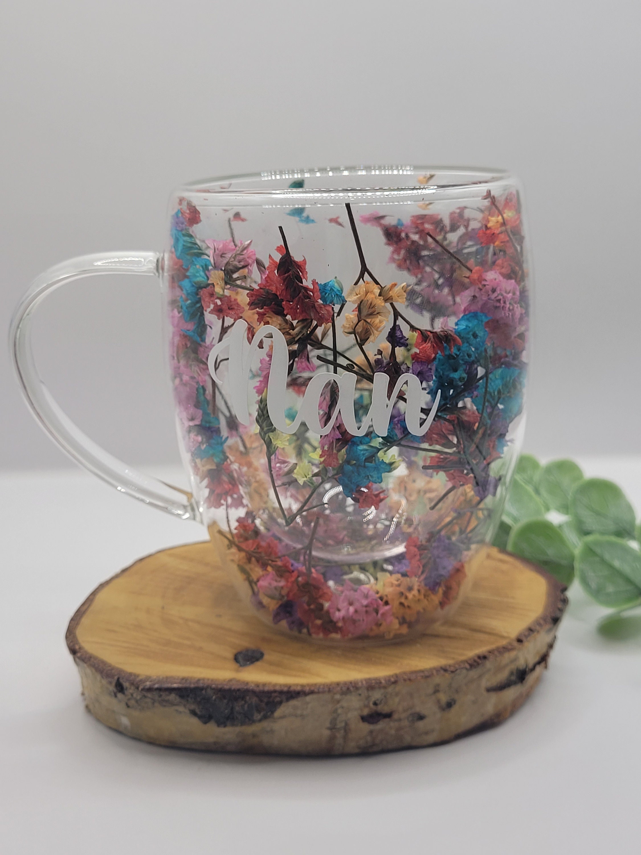 Dried Flower Mug, Double Walled Glass Mug, Beautiful Gift, Personalised ...