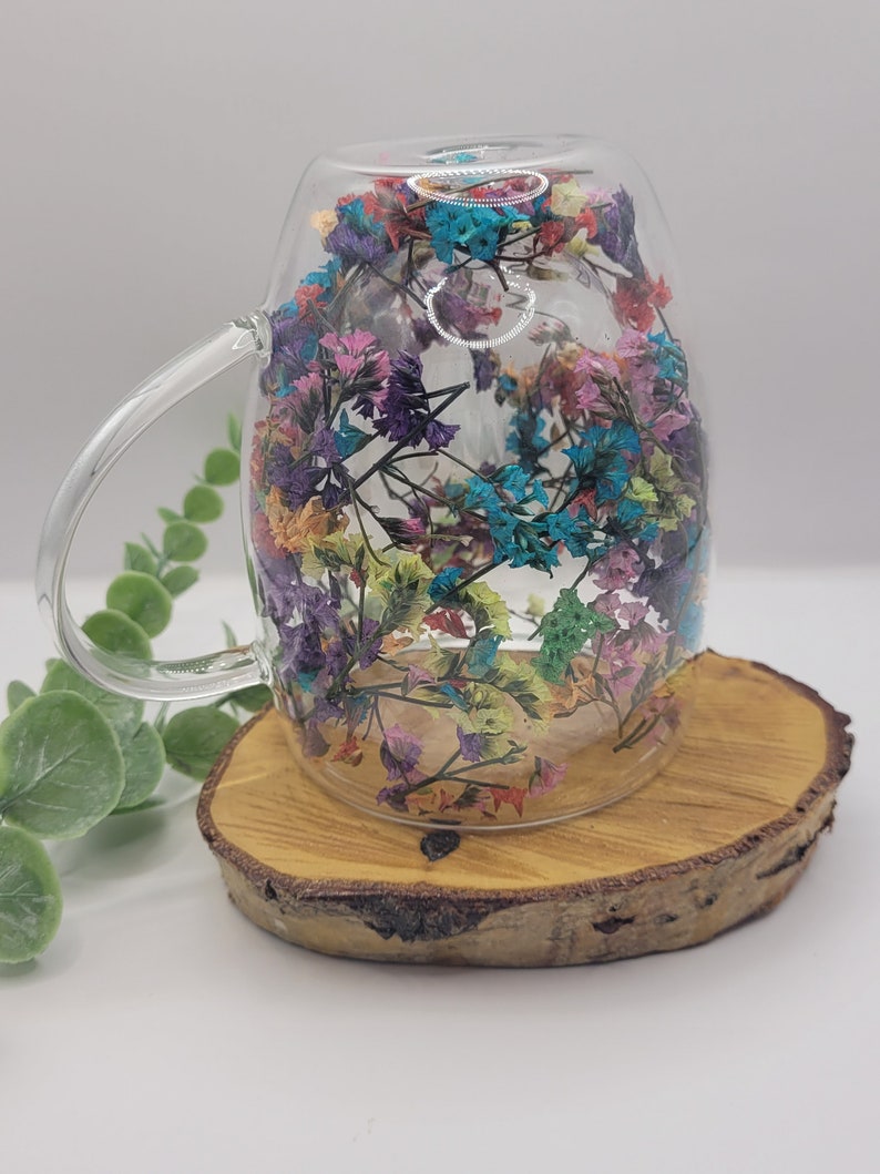 Dried Flower Mug, Double Walled Glass Mug, Beautiful Gift, Personalised ...