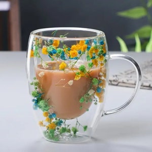 Dried Flower Mug, Double Walled Glass Mug, Beautiful Gift, Personalised ...