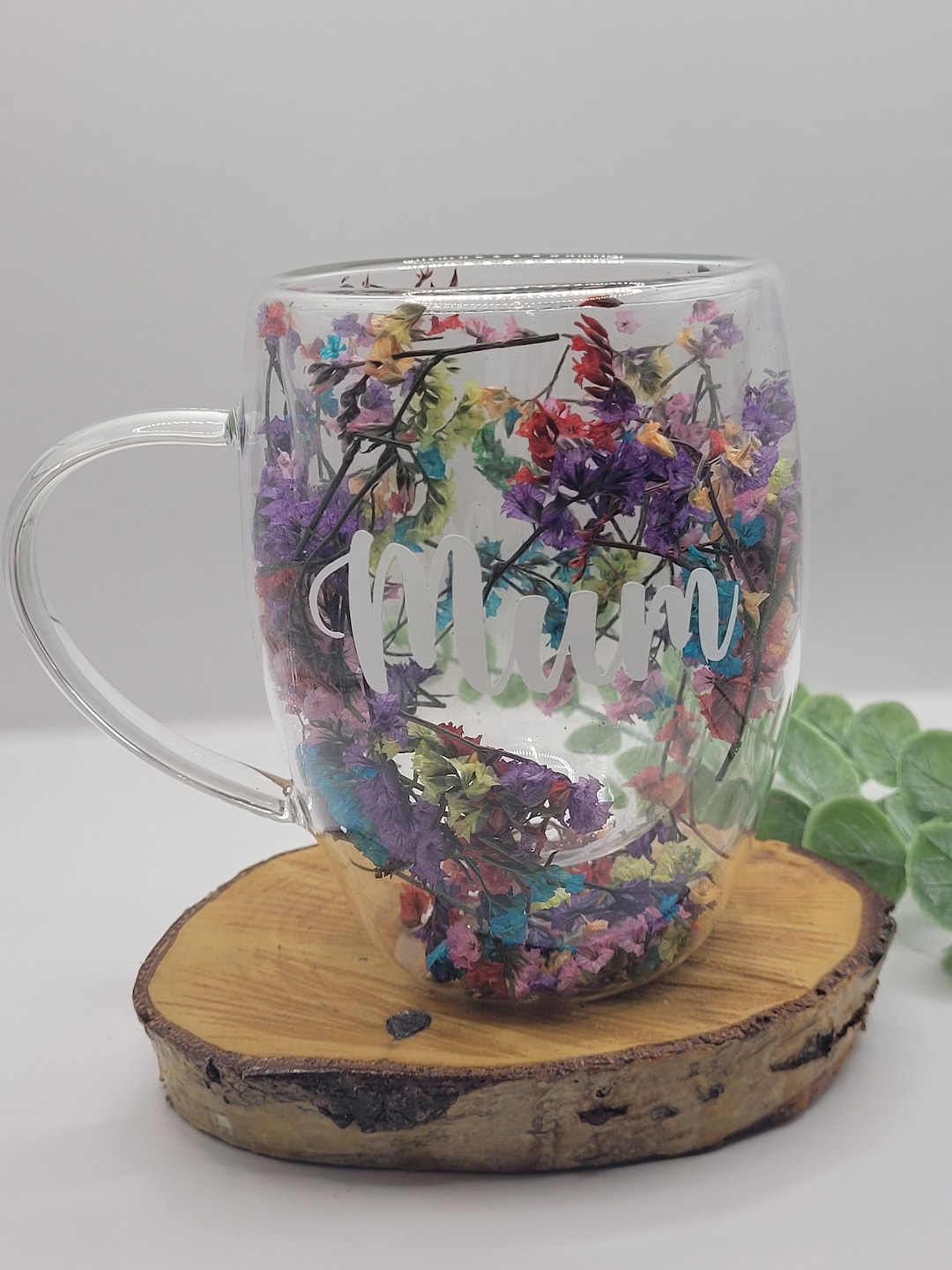 Dried Flower Mug, Double Walled Glass Mug, Beautiful Gift, Personalised ...