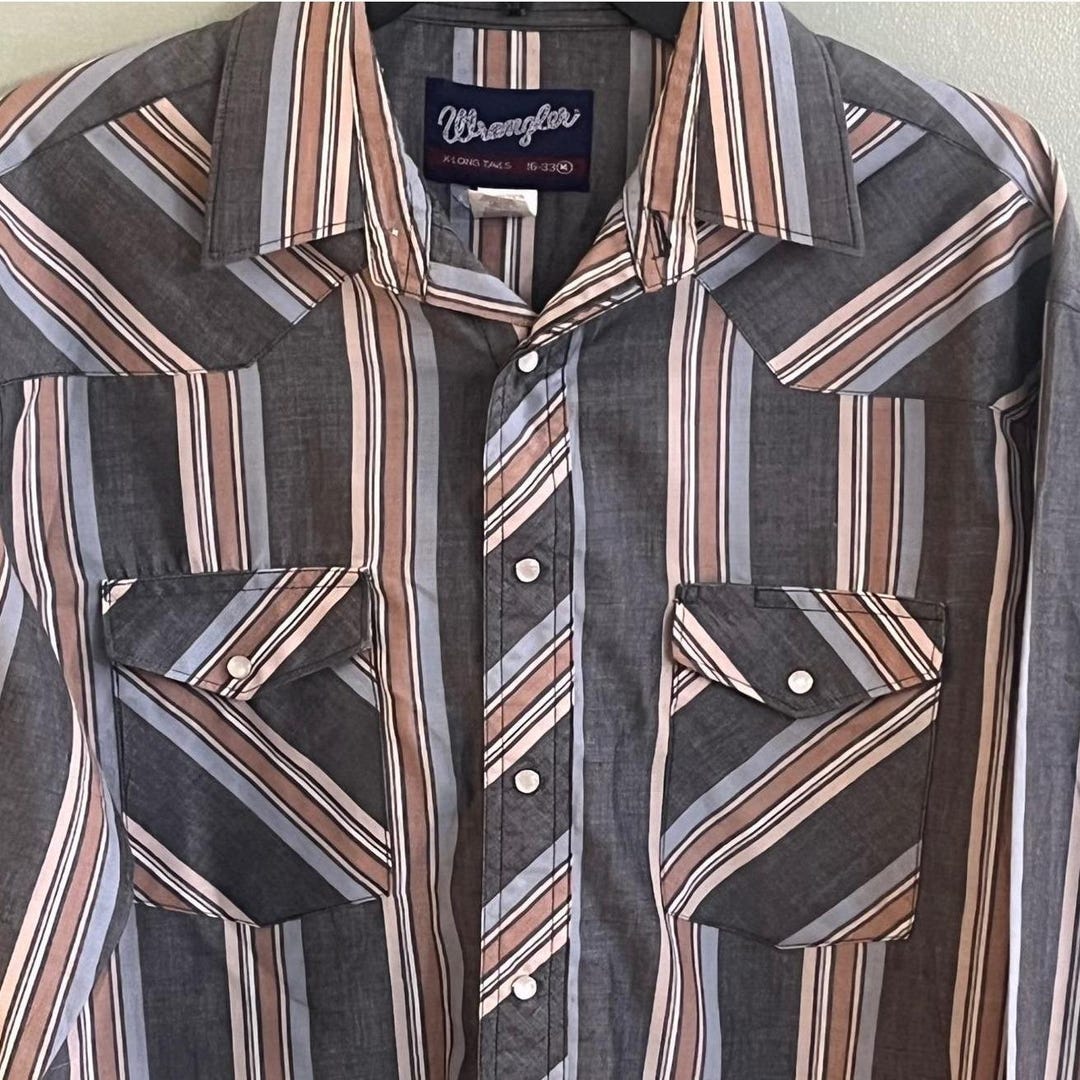 VTG Wrangler Pearl Snap X Long Tails Long Sleeve Gray Blue Brown Shirt ...
