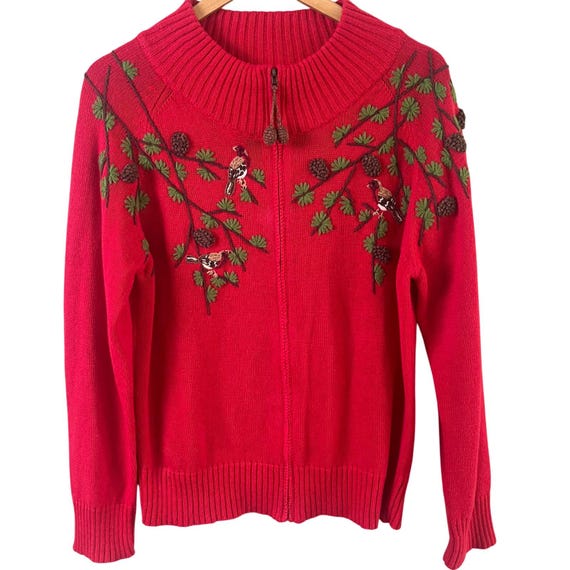 Coldwater Creek Pinecone Bird Embroidered Zip Cardiga… - Gem