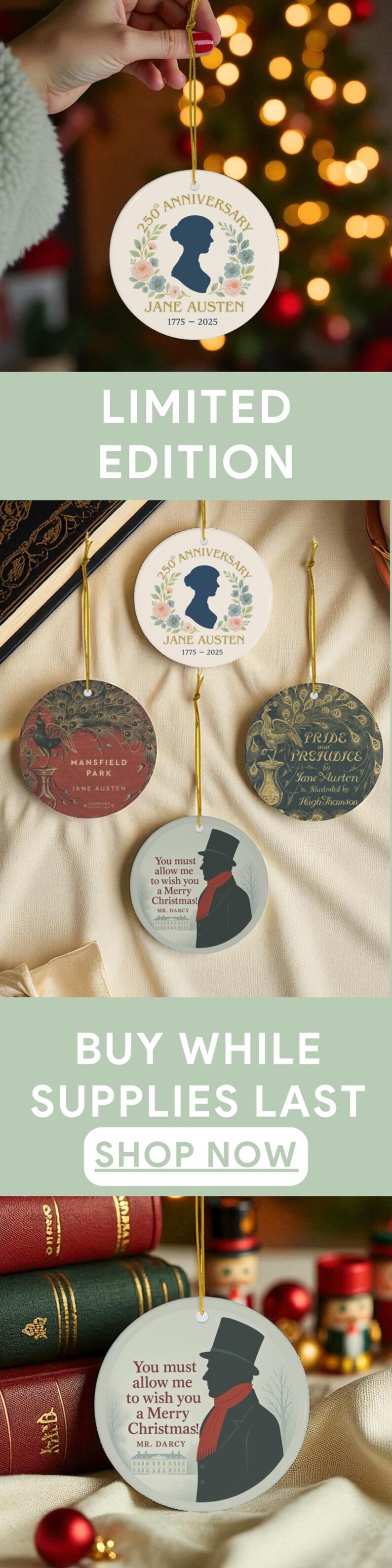 Ceramic Christmas Ornament Jane Austen Gift for Booklovers Tree ...
