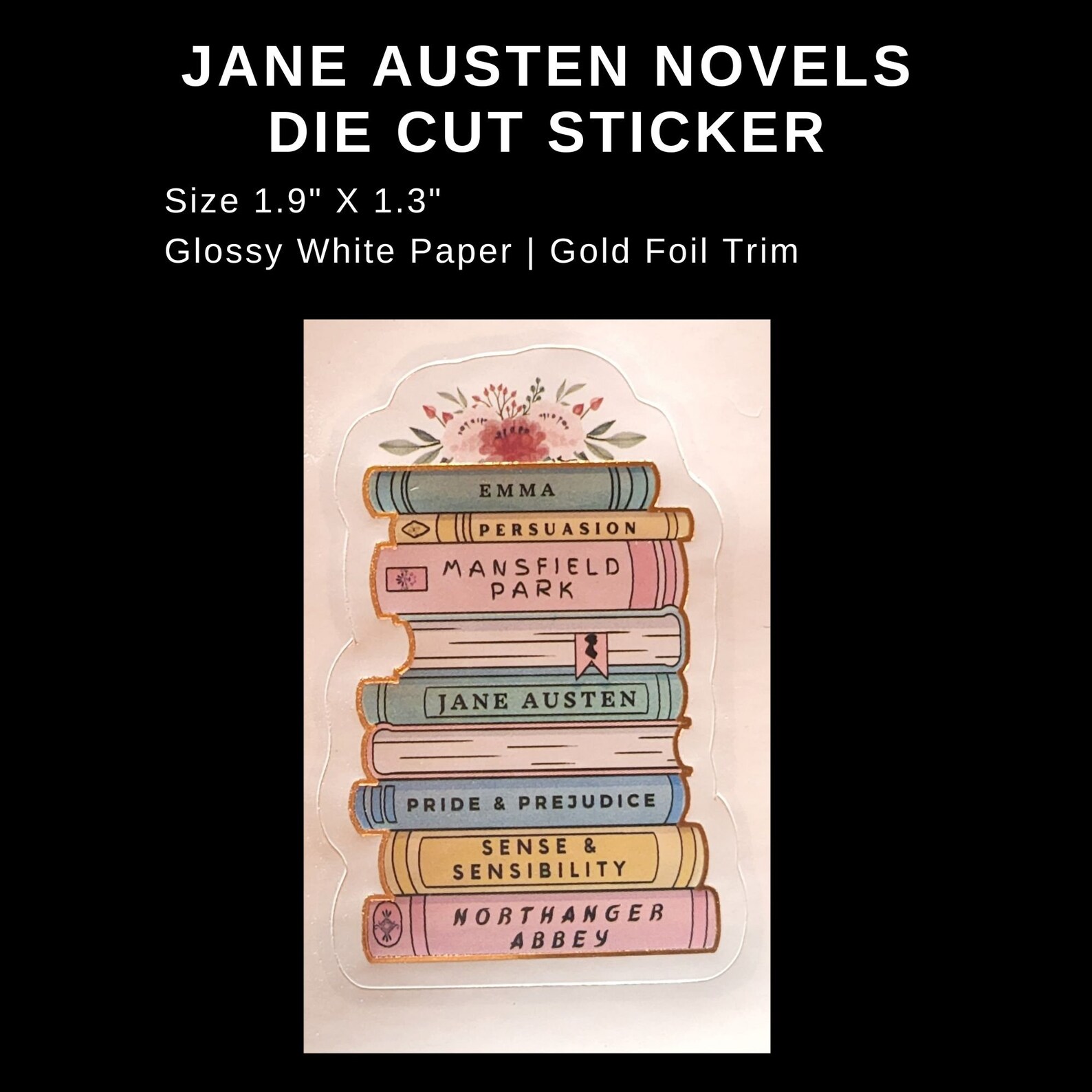 Jane Austen Novels Glossy White Paper Die Cut Gold Foil Sticker Laptop ...
