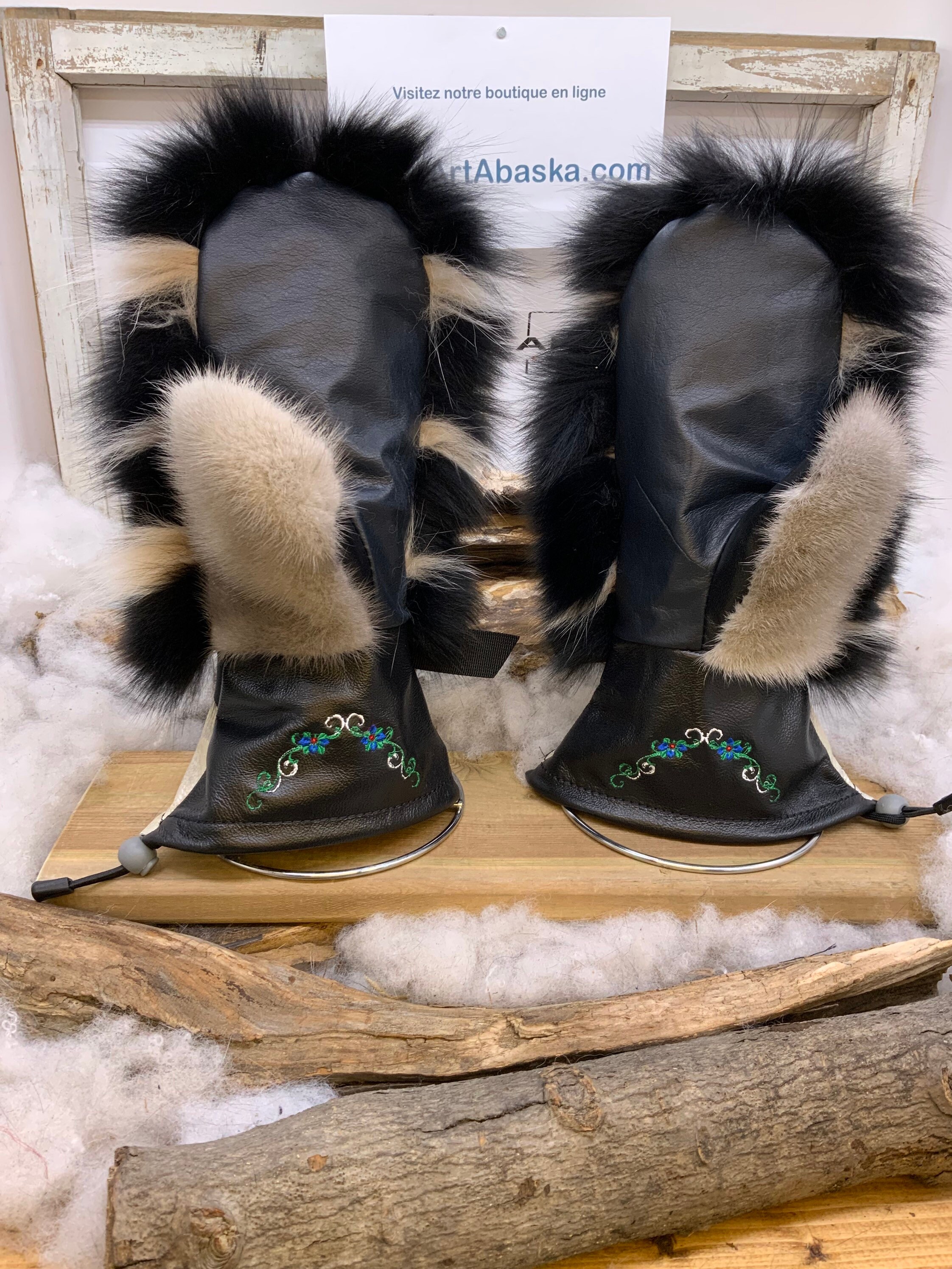 Recycled and remodeled fur and leather mittens. The Lilianes. Size Medium