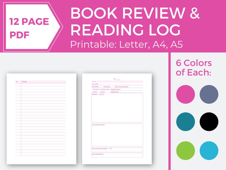 Book Review Printable - Reading Log - Book Tracker - Reading Journal ...