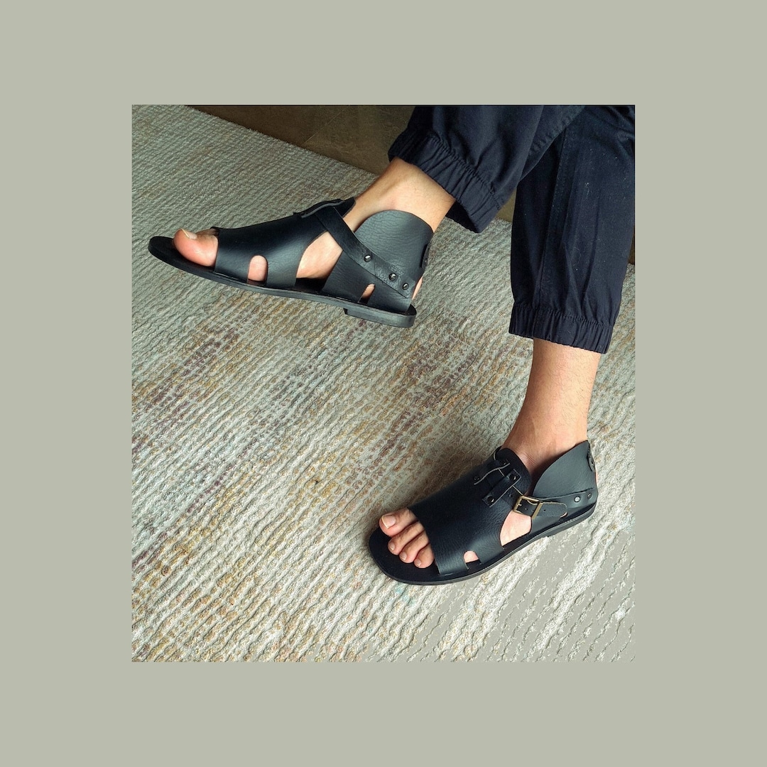 Unisex Model Ancient Black Antique Ankle Leather Gladiator Sandal,greek ...
