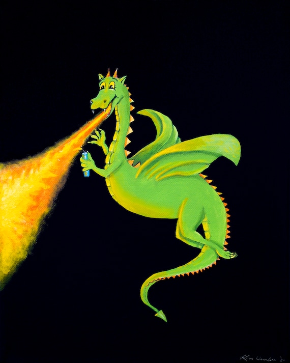 Dragon Flying Animated Kids Room Green Glow Giclee | Etsy