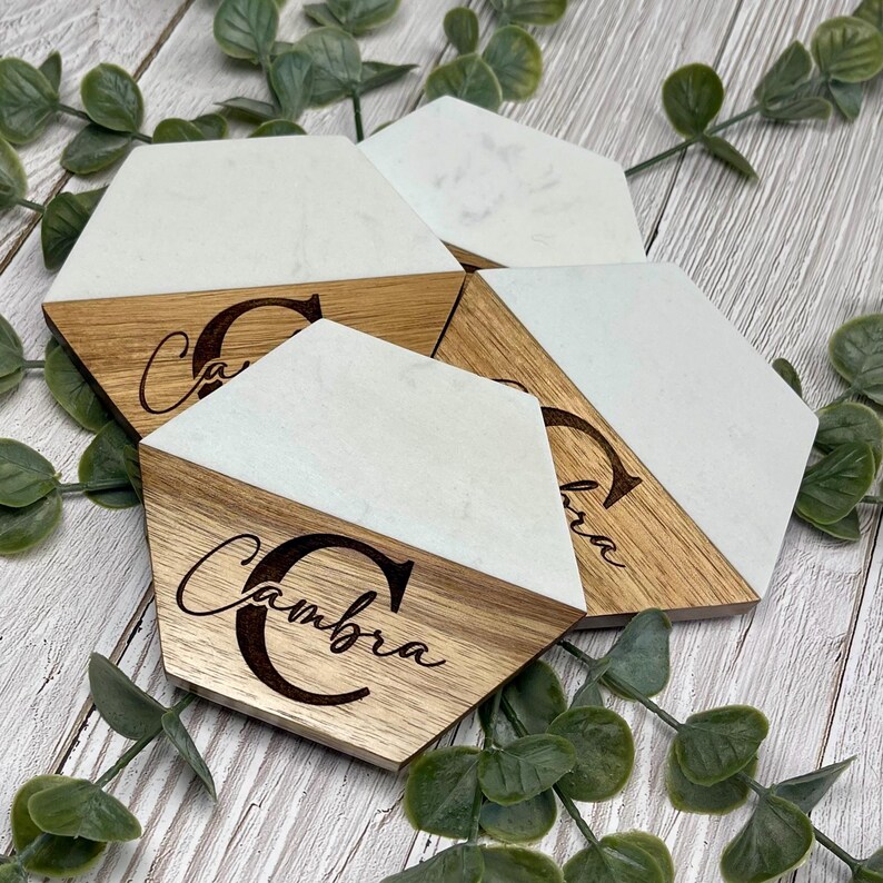 Personalized Marble and Wood Coaster Set 4 Pack, Custom Coasters ...
