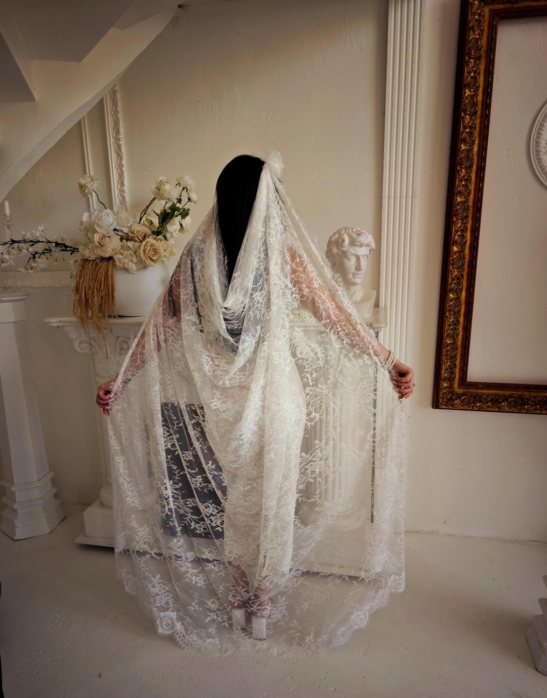 Greek Veil Full Chantilly Lace ,vintage Inspired Bridal Cap With Floral ...