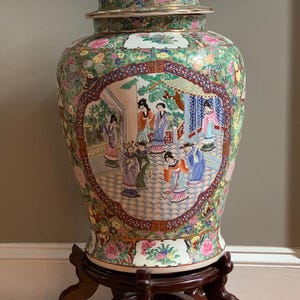Rose Medallion Famille Rose Foo Lion Temple Jar With Mahogany Stand ...