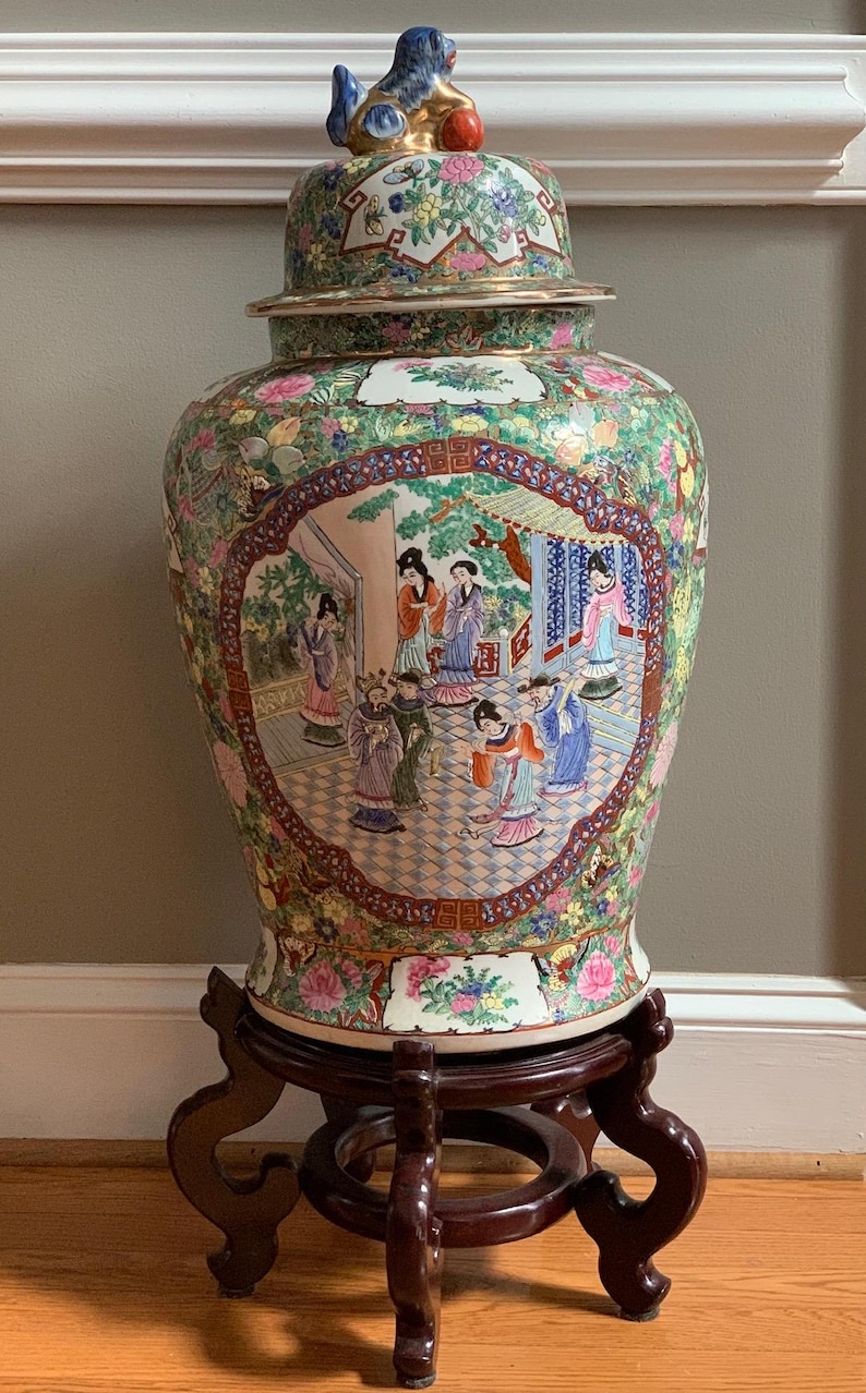 Rose Medallion Famille Rose Foo Lion Temple Jar With Mahogany Stand ...
