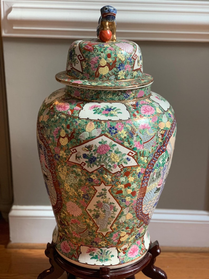 Rose Medallion Famille Rose Foo Lion Temple Jar With Mahogany Stand ...