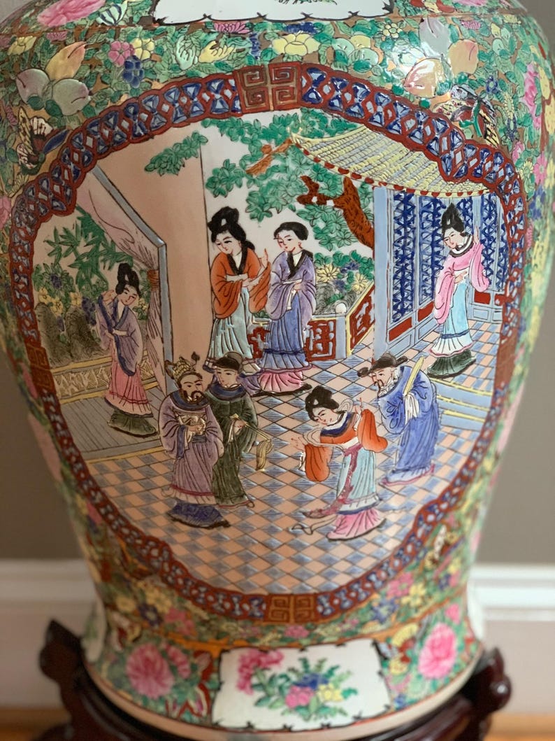 Rose Medallion Famille Rose Foo Lion Temple Jar With Mahogany Stand ...