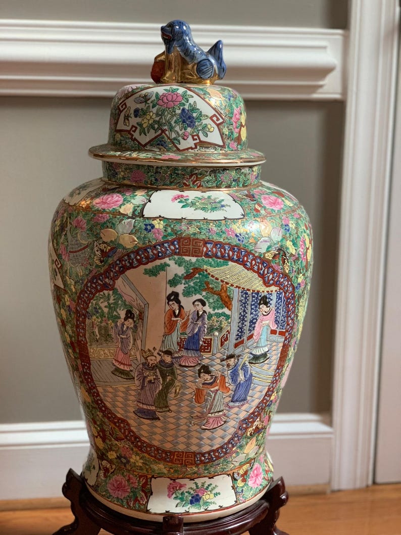 Rose Medallion Famille Rose Foo Lion Temple Jar With Mahogany Stand ...