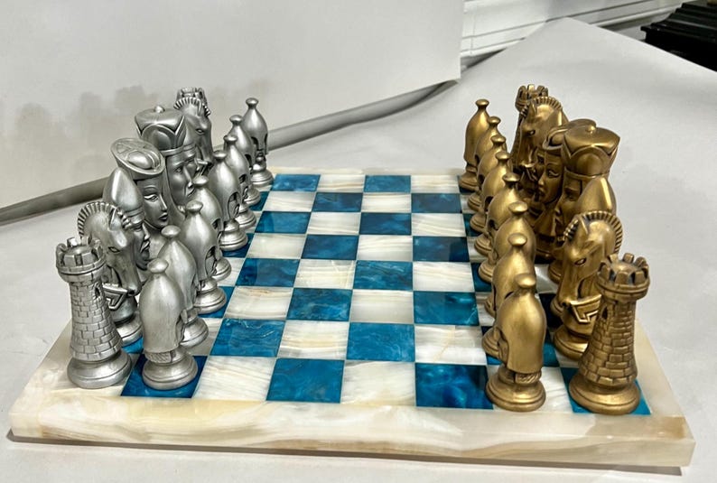 Marble Alabaster Blue & White Chess Board Set - Etsy