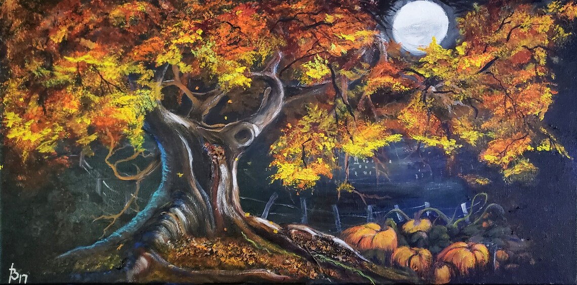 Autumn Tree Magnet Fall Tree Full Moon Halloween Art - Etsy