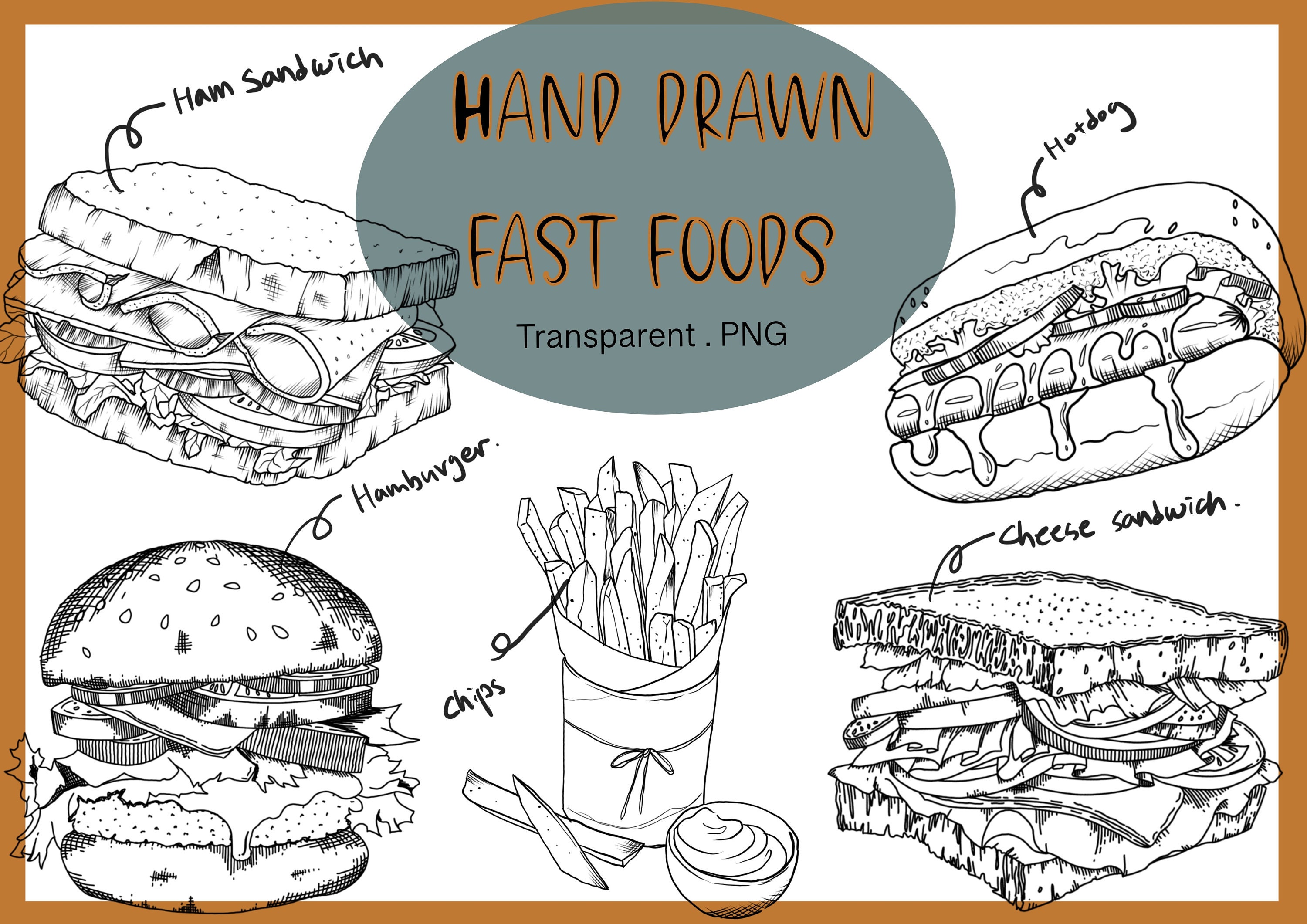Fast Food Line Drawing, , Commercial Use PNG, Hand Drawn Line Art for ...