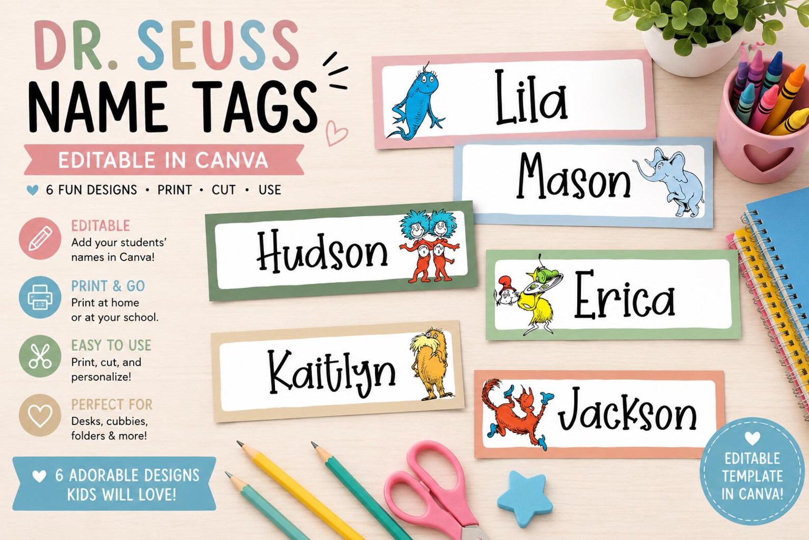 Dr Seuss Name Tags | Dr. Seuss Inspired Nametag Template | Editable ...
