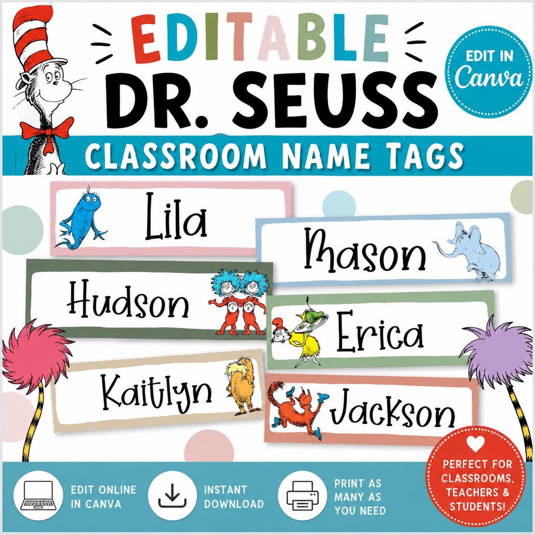 Dr Seuss Name Tags | Dr. Seuss Inspired Nametag Template | Editable ...