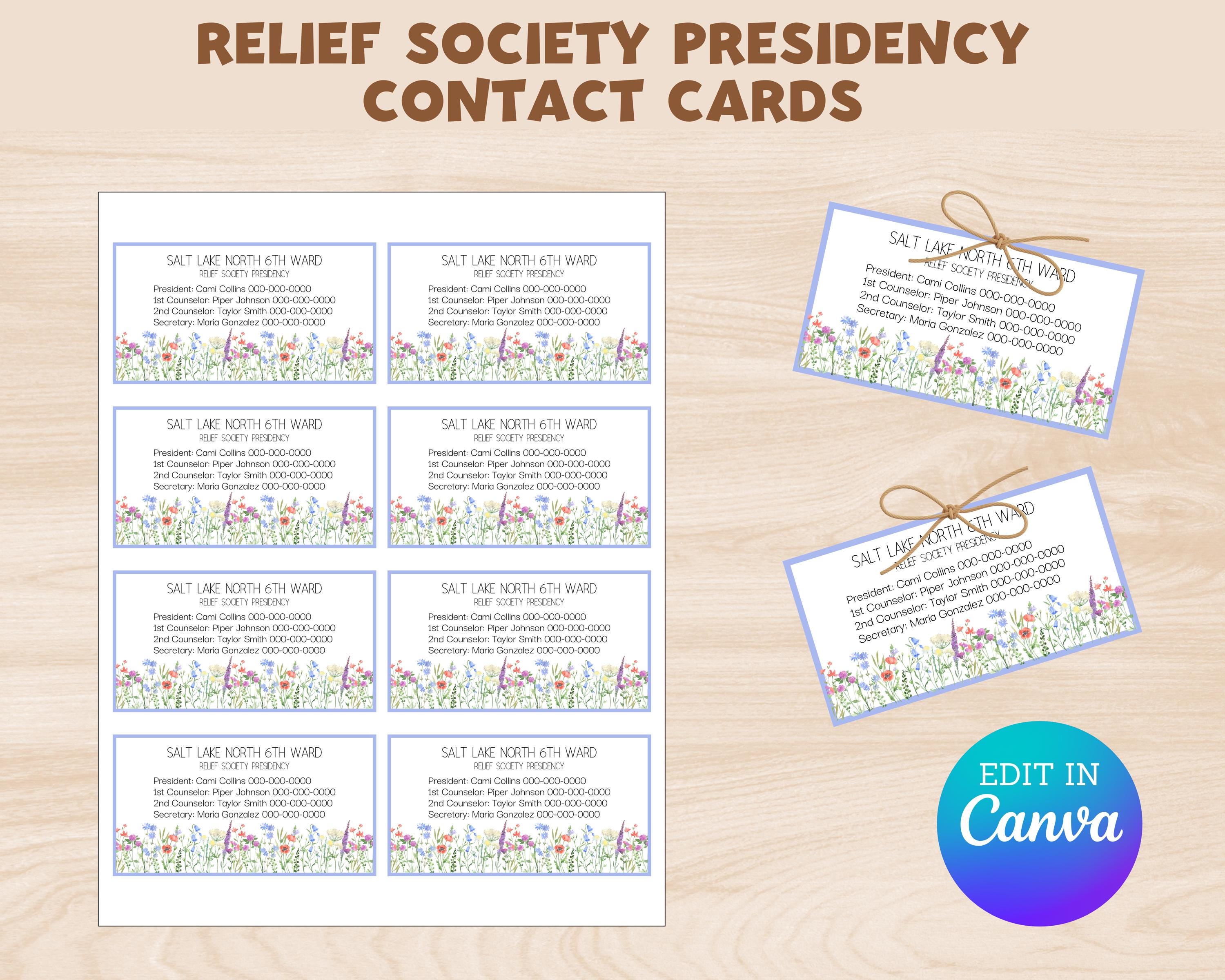 LDS Relief Society Contact Cards Editable, Beautiful Canva Download for ...