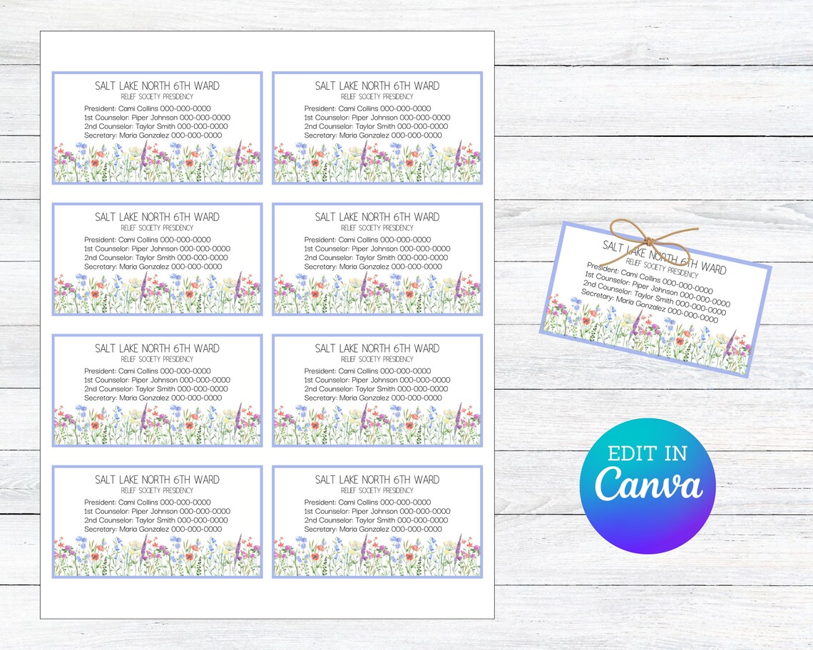 LDS Relief Society Contact Cards Editable, Beautiful Canva Download for ...