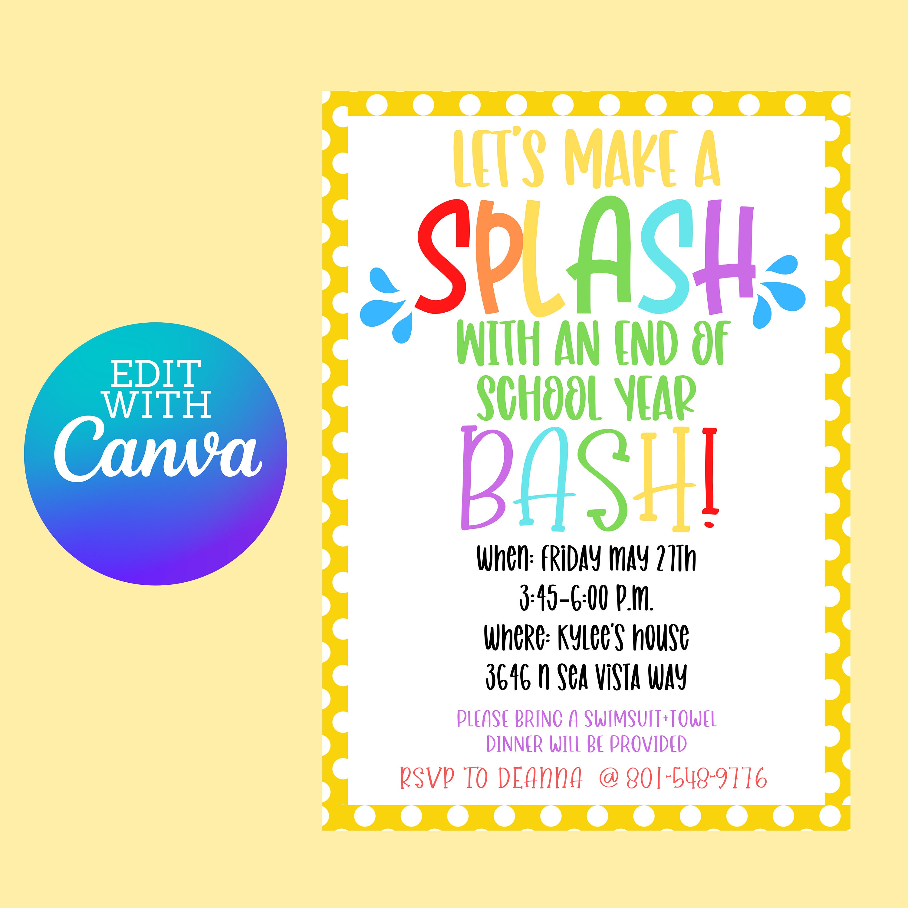End of School Year Pool Party Invitation | Editable Canva Splash Bash ...