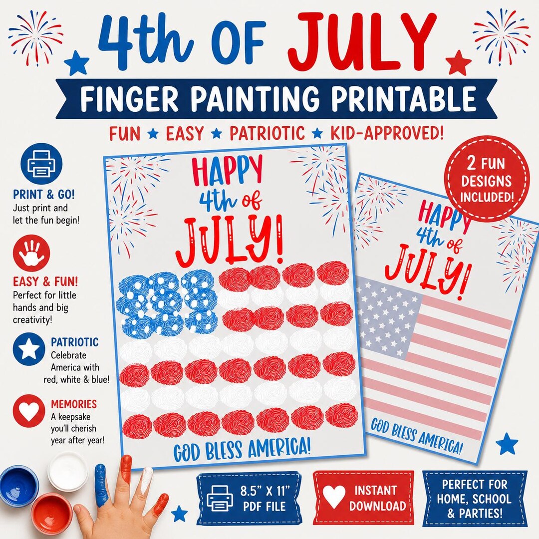 4th of July Fingerprint Art Printable Kids | Independence Day Handprint ...