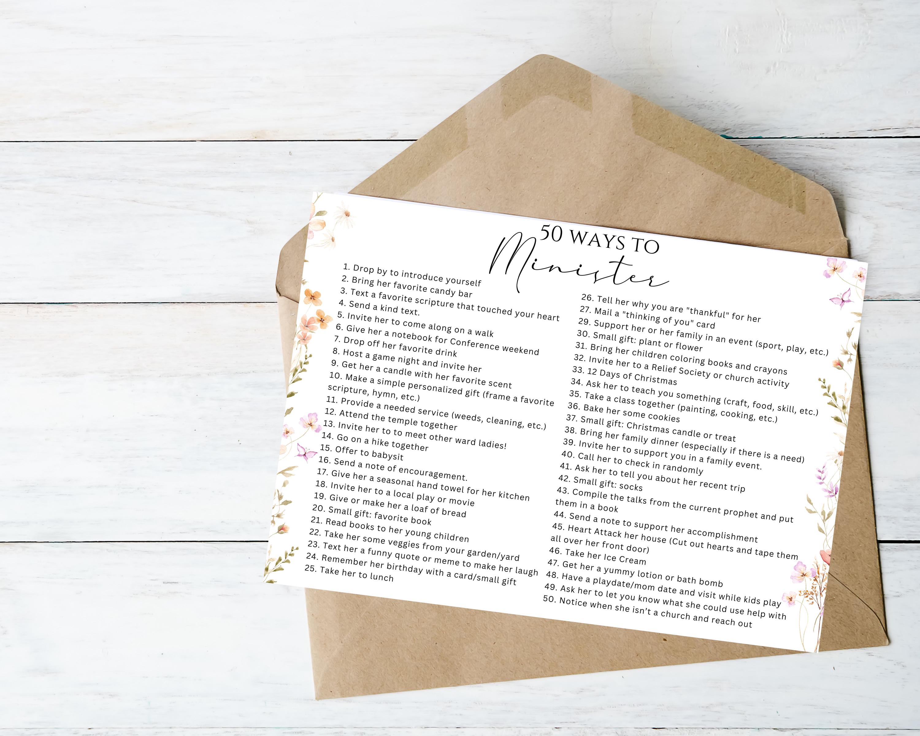 50 Ways to Minister, Relief Society Bookmark - Ministering Bookmark ...