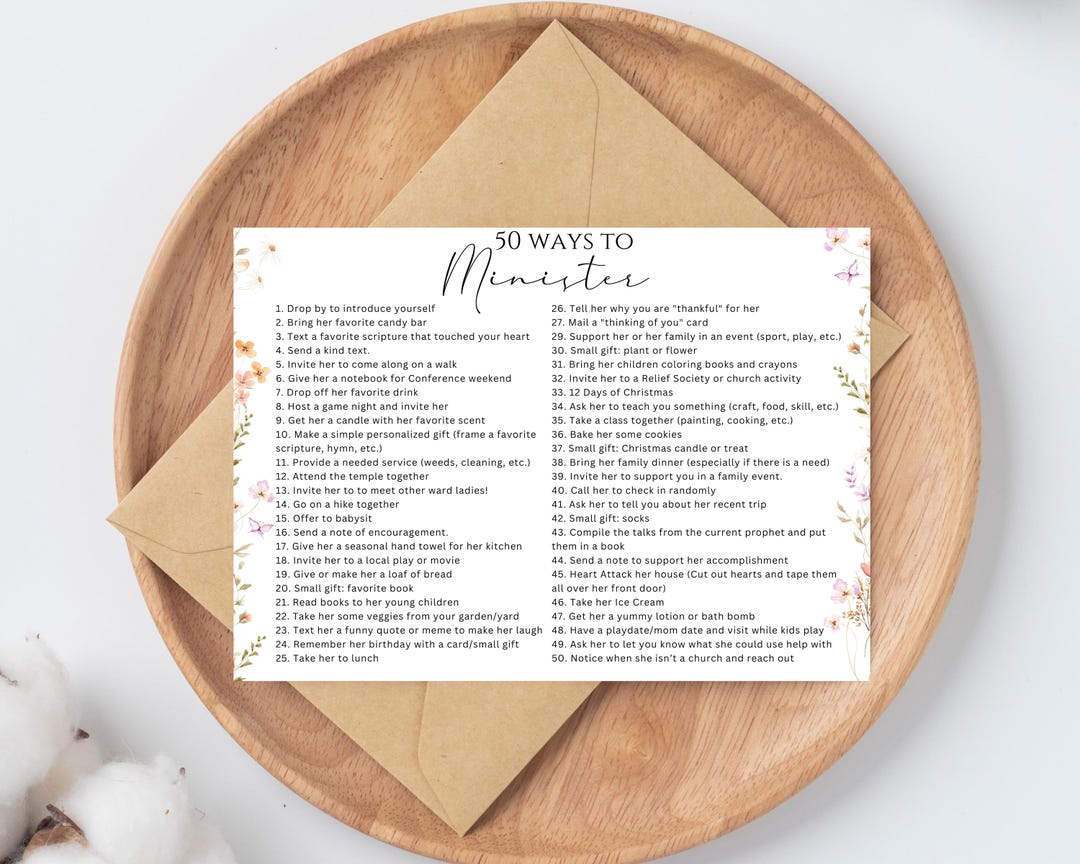 50 Ways to Minister, Relief Society Bookmark - Ministering Bookmark ...
