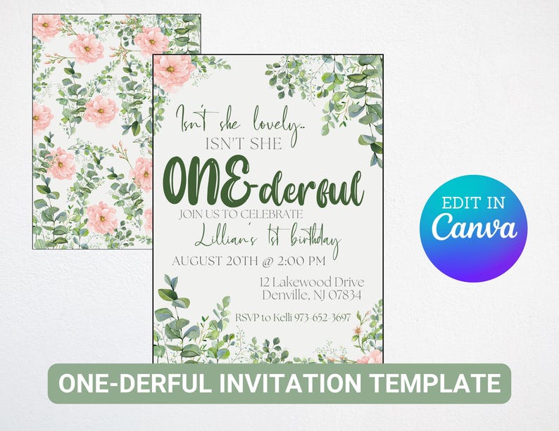 Floral 1st Birthday Invitation, Baby Girl, Editable Template (PDF) - Etsy