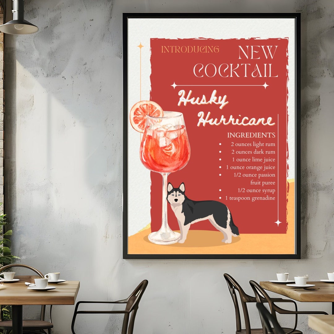 Husky Hurricane Cocktail Menu Print / Husky Wall Art Dog Bar Decor ...