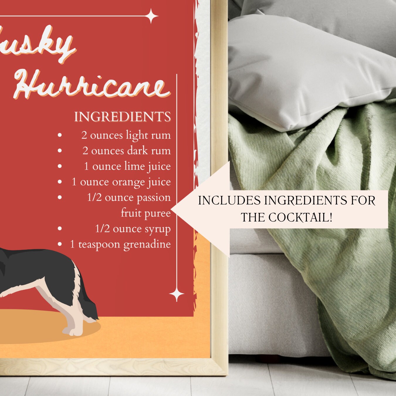 Husky Hurricane Cocktail Menu Print / Husky Wall Art Dog Bar Decor ...