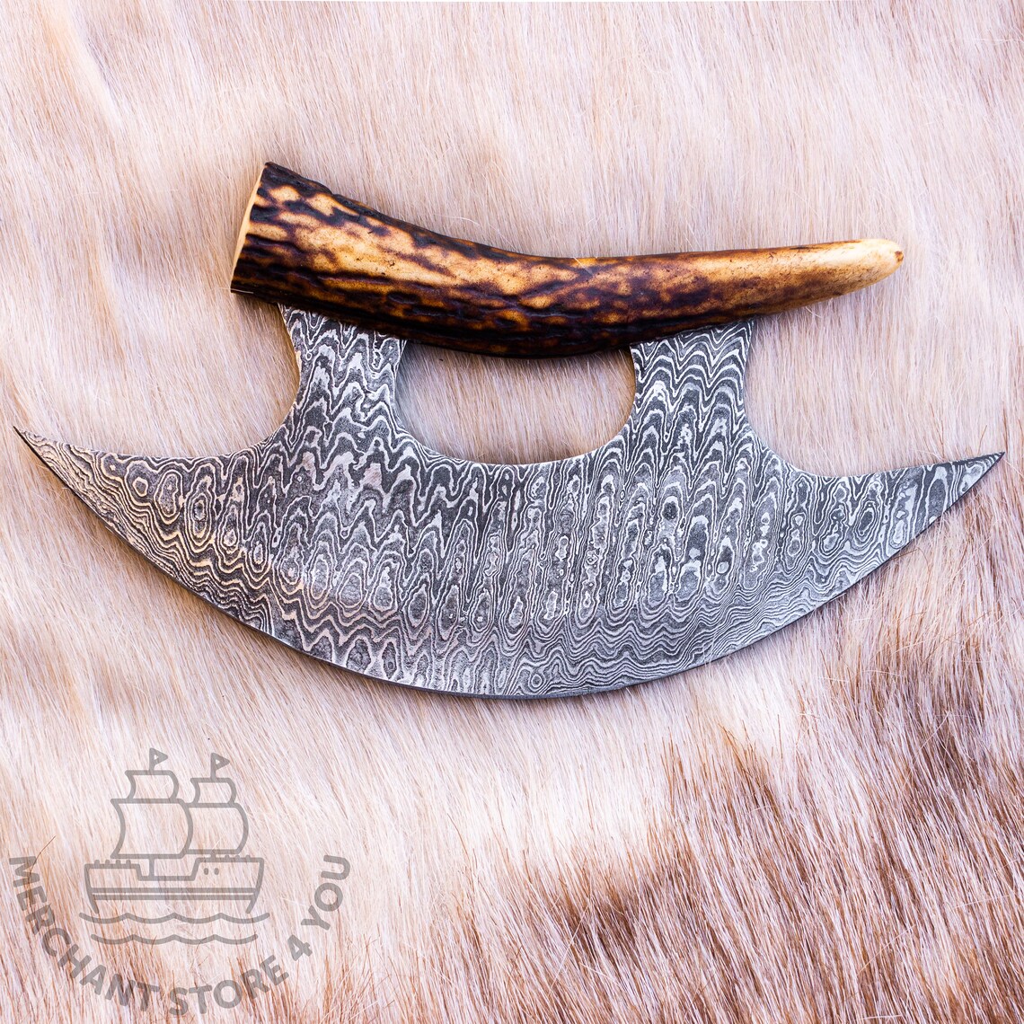 Damascus steel Ulu knife with antlers handle hand forged | Etsy